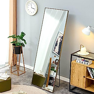 WIIS' IDEA Full Length Floor Mirror, Full Body Standing Mirror, Alu Free Dressing Mirror Standing, Hanging or Leaning Against Wall Mirror for Bedroom, Living Room (Grey, 65”x23-Wood)
