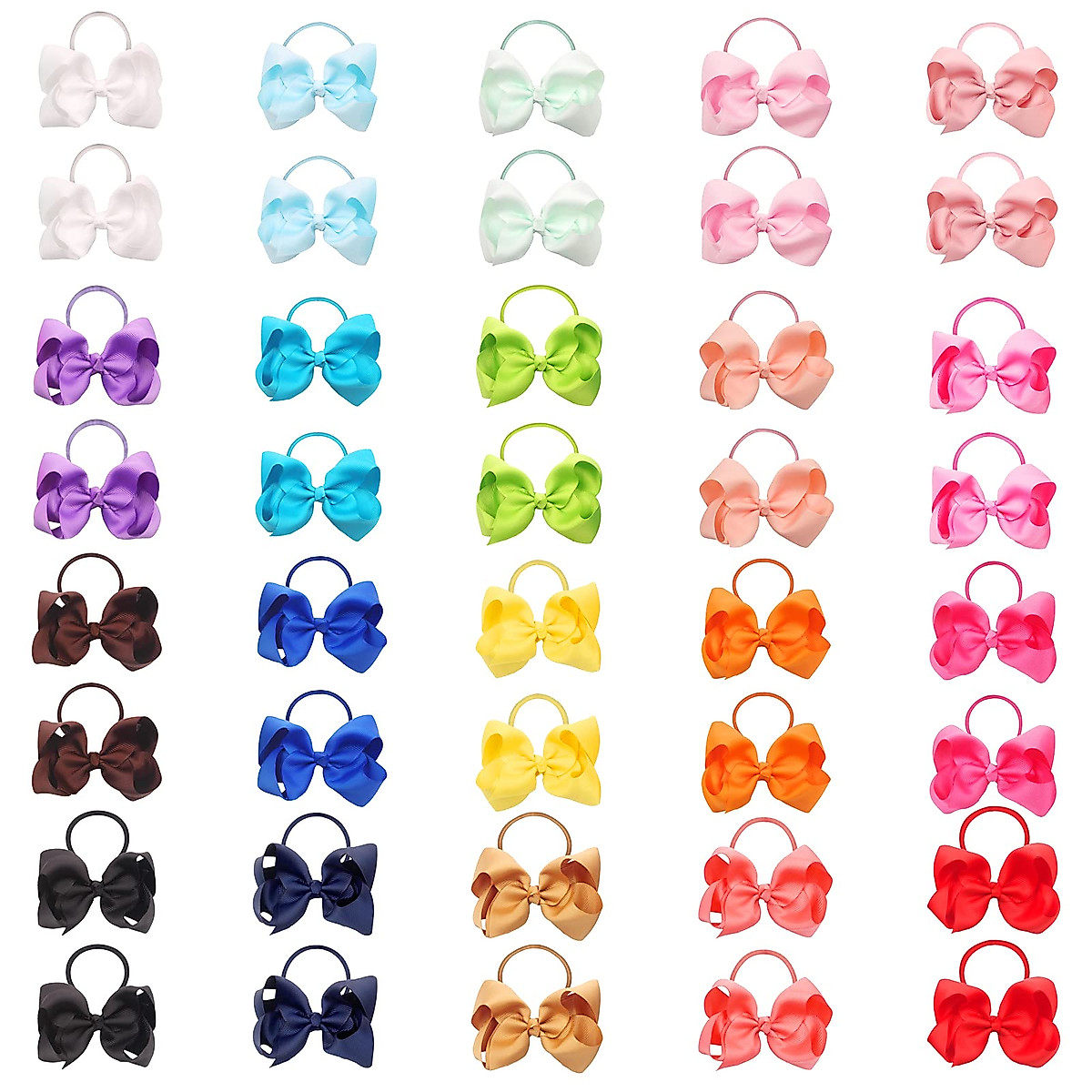 WillingTee 40Pcs 4.5 Inches Boutique Pops Hair Bows Elastic Hair Ties Grosgrain Ribbon Big Cheer Bow Ponytail Holder Elastic Ties for Girls Toddlers Kids Teens 20 Colors in Pairs