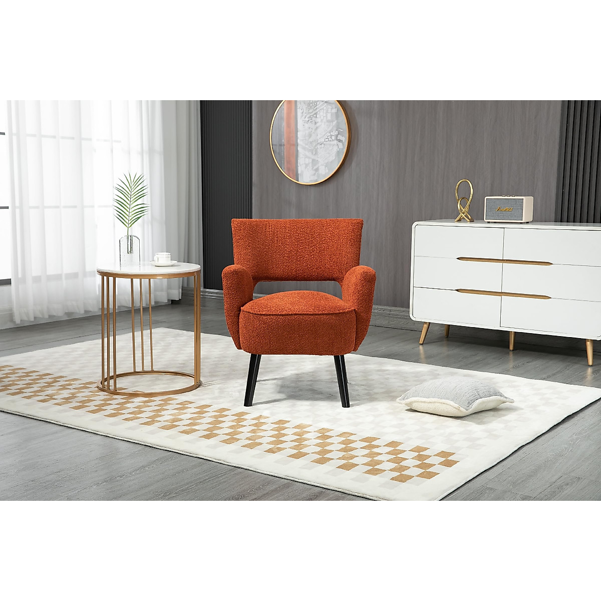 Kitchen Chair High Chair Seat, Chair Stand Fabric Metal Wood Foam Orange Seat Height 20.47" for Living Room Bedroom Dining Rooms Garden 1PC