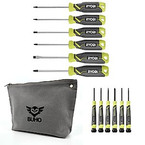 12-Piece Screwdriver Bundle with 6 Screwdrivers and 6 Precision Screwdrivers, Chrome Plated, Cushion Grip Handles, Magnetic Precision Fit Tip, Anti-Roll Body, Hang Hole and Buho Tool Pouch