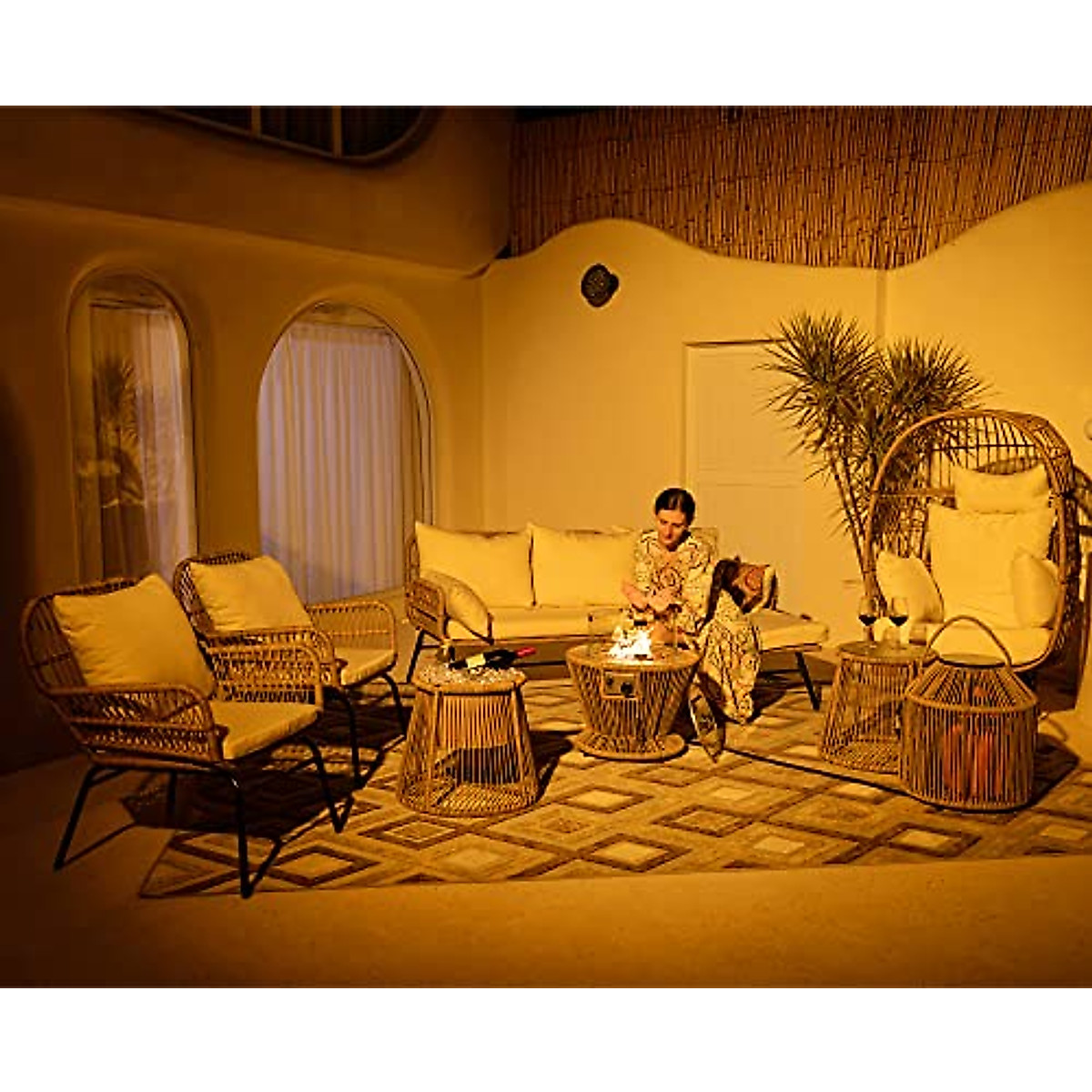 BULEXYARD 9 Piece Boho Patio Furniture Sets with Propane Fire Pit Table, Small Outdoor Bistro Chairs Sectional Sofa Conversation Set w/Gas Firepit, Egg Chair, Ice Bucket for Backyard, Lawn (Natural)