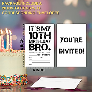 YQV It's My 10th Birthday Bro Invitations Cards, 4"x 6" Birthday Party Invites with Envelopes for Party Decorations Supplies(20 Pieces) -D23
