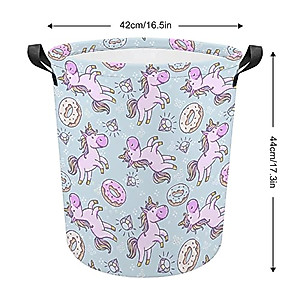 Pink Unicorns Donuts Rainbow Foldable Laundry Basket Waterproof Hamper Storage Bin Bag with Handle 16.5"x 16.5"x 17"