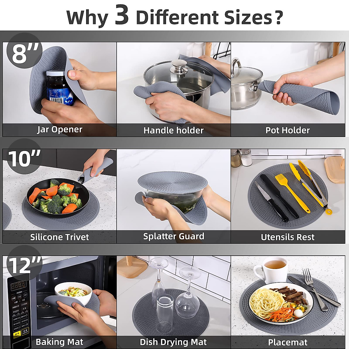 Stron-Dura 12 "10" 8" Microwave Mat, Multi Purpose Pot Holders,Trivets for Hot Dishes,Trivet, Drying Mat,Baking Mat,Place Mat,Utensils Rest,Food Safe Heat Resistant,Gray