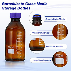 PATIKIL 4 Pack Reagent Media Storage Bottles, 1000ml Borosilicate Glass Graduated Round Bottles with GL45 Blue Screw Cap for Lab Water Reagent Liquids, Brown