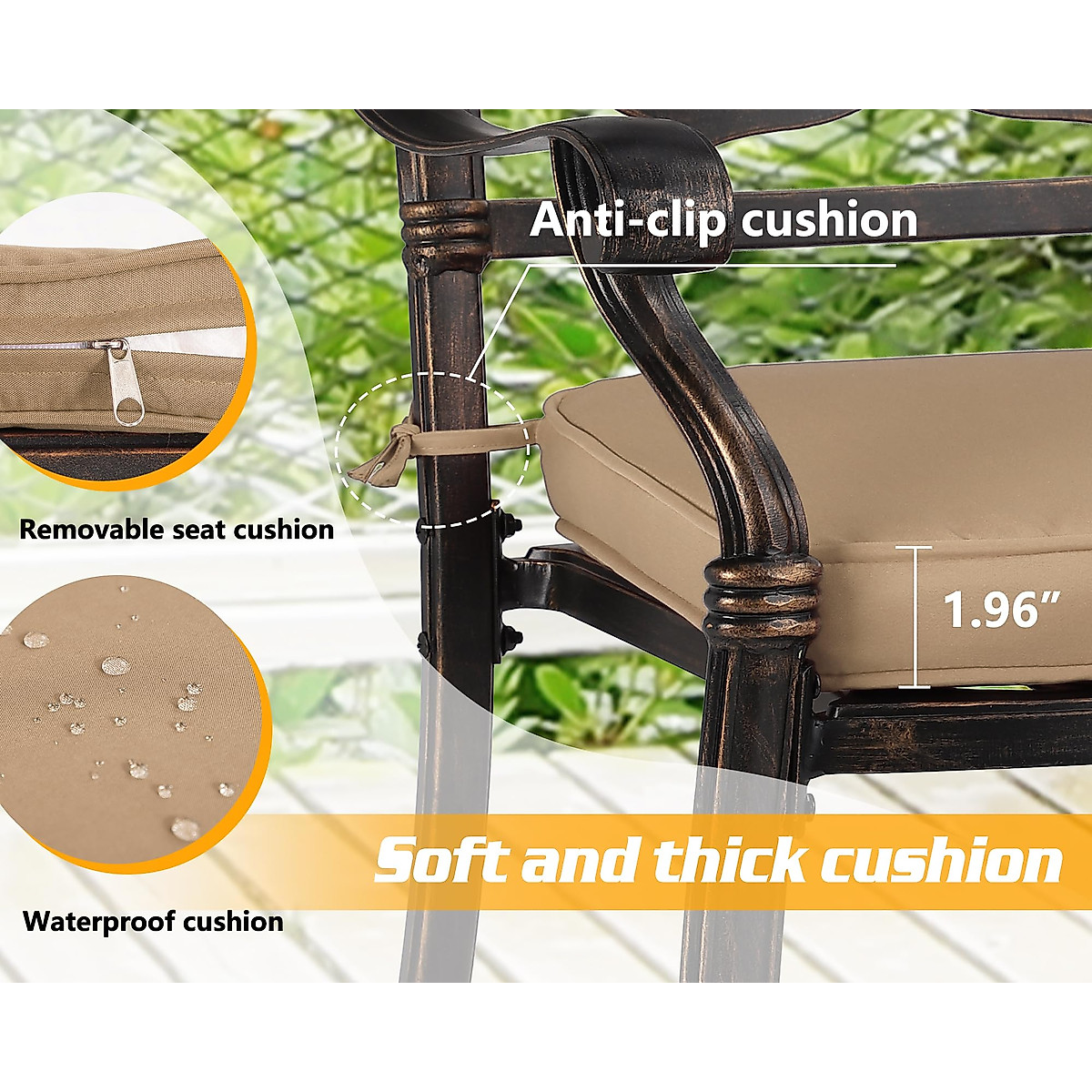 TITIMO Cast Aluminum Patio Dining Set 7-Piece with Cast-Top Rectangular Table and 6 Flower Chairs with Cushions,Outdoor Furniture Set for Backyard Porch Pool (Khaki)