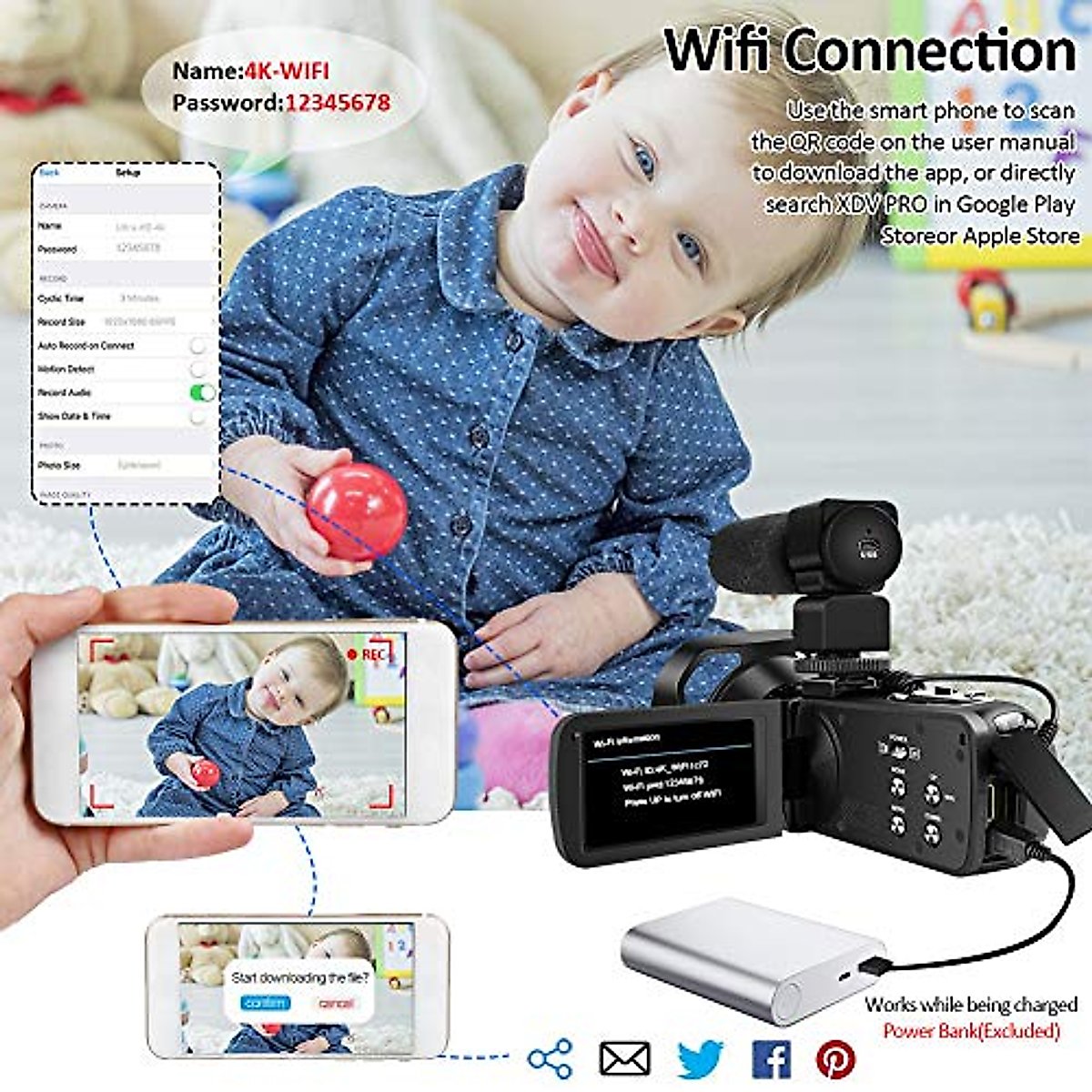 Video Camera Camcorder, 4K 48MP 60FPS IR Night Version Vlogging Camera 18X Zoom WiFi Digital Camera YouTube Recorder Camera with Microphone, 2.4G Remote Control, Handheld Stabilizer, Lens Hood