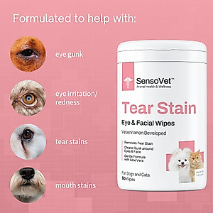 SensoVet Tear Stain Remover Eye Wipes for Dogs & Cats, Cleans Eye Boogers and Gunk Discharge, Facial Cleansing with Aloe Vera (Fragrance Free)
