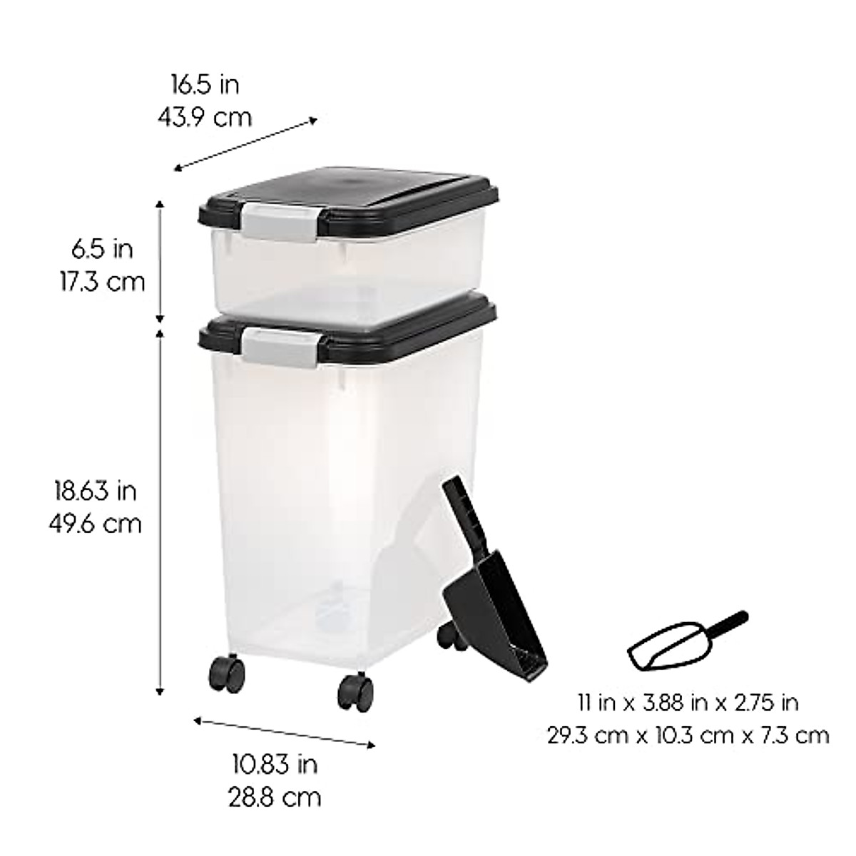 IRIS USA 3-Piece 35 Lbs / 45 Qt WeatherPro Airtight Pet Food Storage Container Combo with Scoop and Treat Box for Dog Cat and Bird Food, Keep Pests Out, Translucent Body, Easy Mobility, Black
