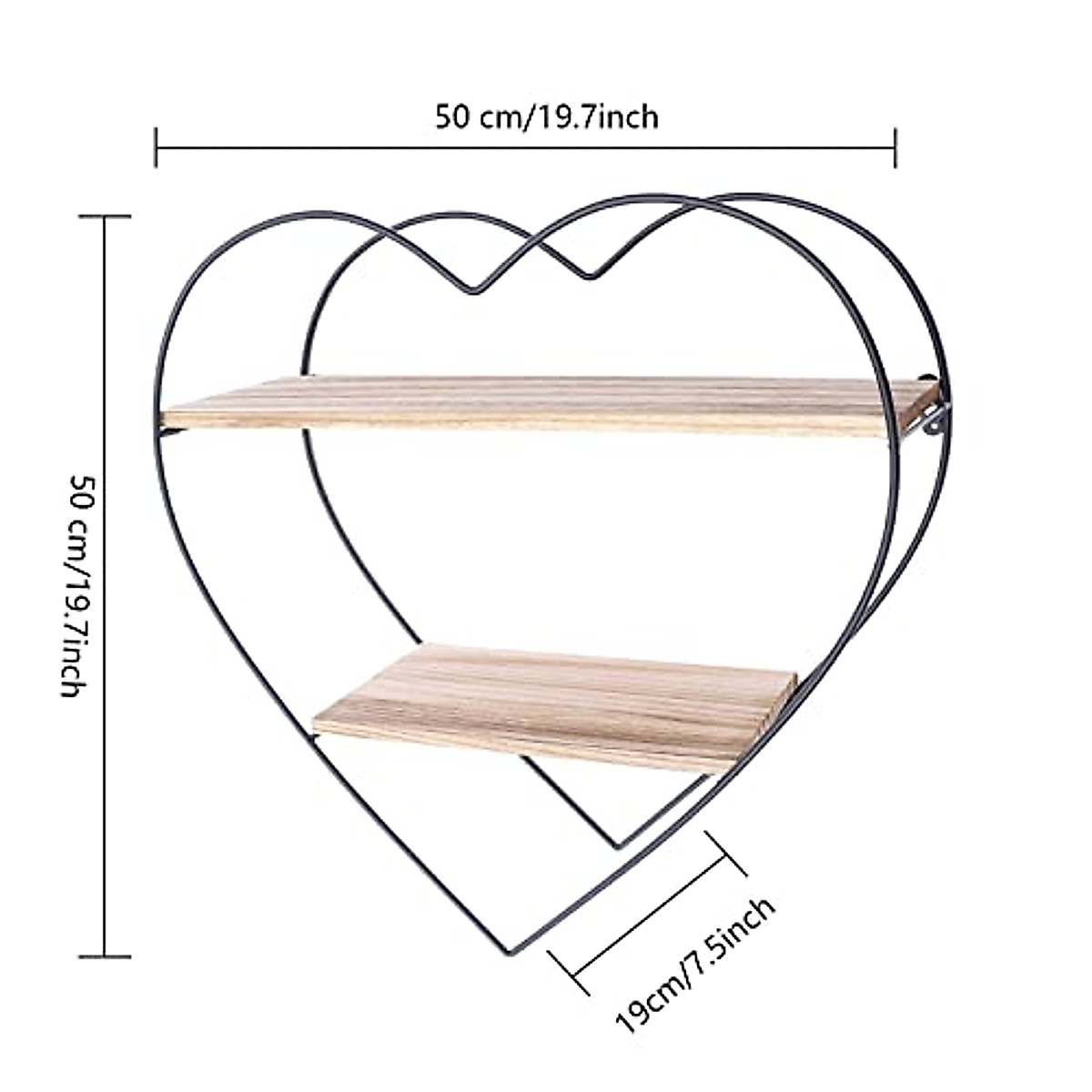 DYRABREST Heart Metal Wall Shelf 2-Tire Iron Wood Floating Shelves Storage Hanging Shelf Display Storage Organizer for Modern Bedroom Bathroom Kids Room Decoration Gifts