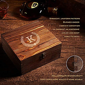 Froolu Personalized Whiskey Glasses Set in Wooden Gift Box - Includes 4 Scotch Glasses, 4 Natural Slate Coasters, 8 Chilling Stones & Tongs - Great Mens Home Bar Gift for Him, Husband, Dad