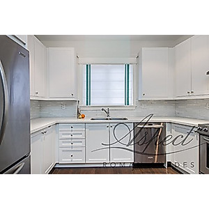 LOGANOVA Flat Roman Shade Chevalle Seafoam. White background with double blue green border and chain mechanism. Custom made.