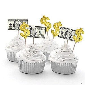 YiiiGoood Money Theme Decoration KIT Bill Dollar Signs Birthday Banner & Cupcake Toppers & Crown Set for Birthday Casino Wedding Showers Retirement Anniversary Graduations Party