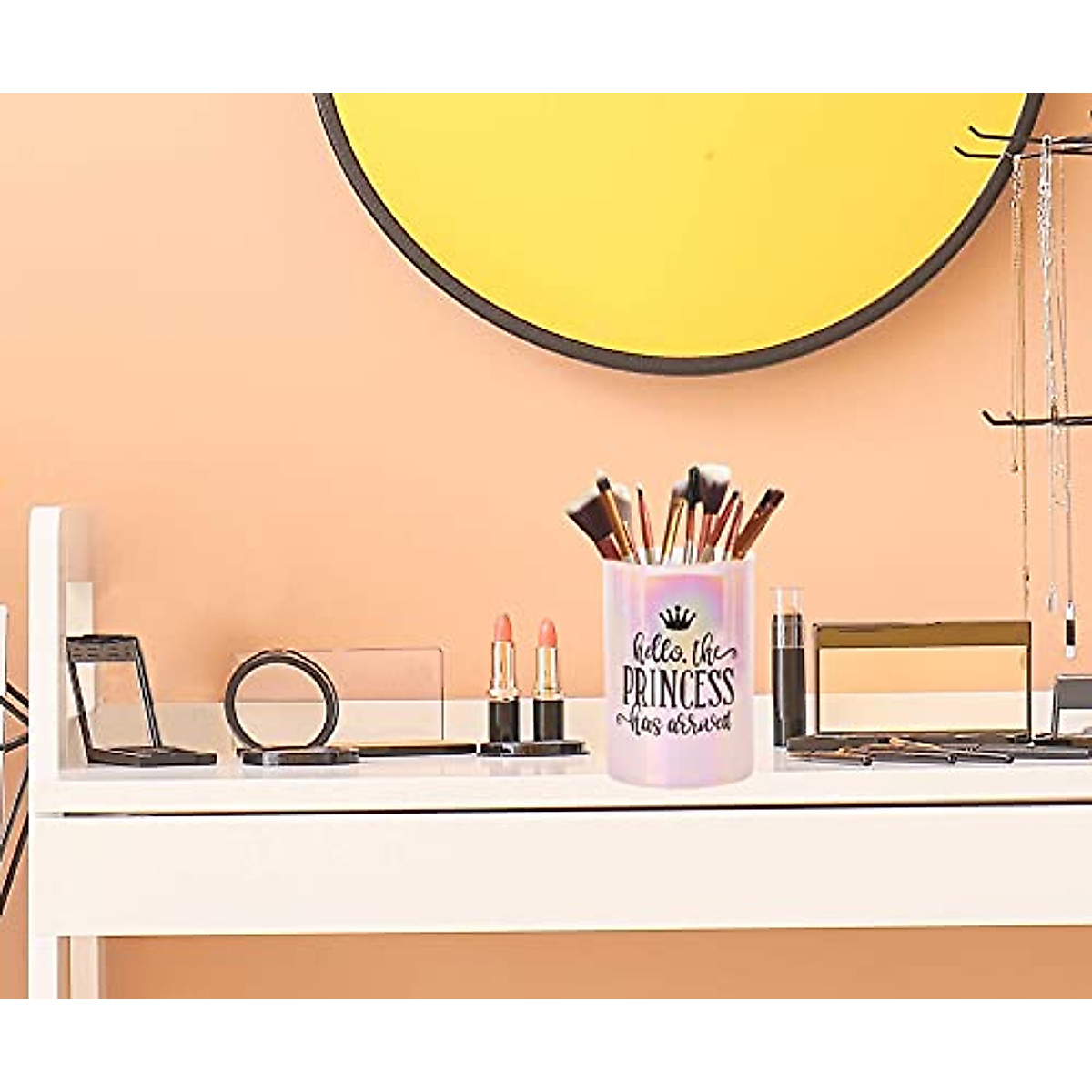 Palais Essentials bathroom decor Makeup Brush Holders Ceramic, Bathroom Accessories Make Up Cup Holder for Vanity Countertops (Princess, 3.5" Diameter)