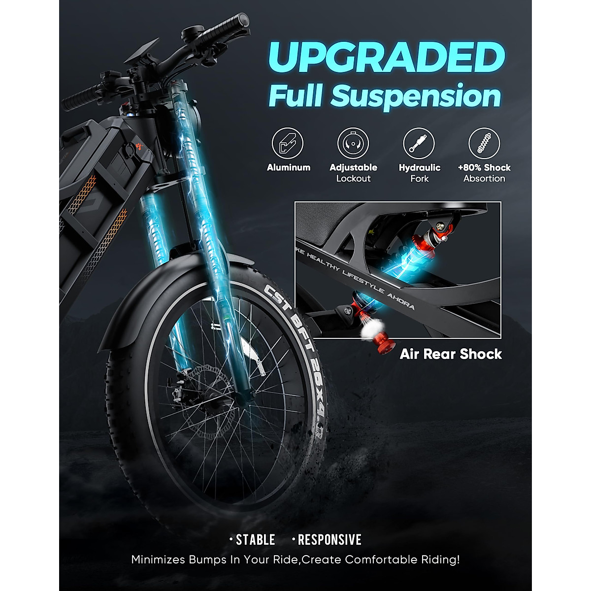 eAhora Romeo Pro Peak 1600W 60Ah Electric Bike for Adults, 100-200Miles+ Long Range Electric Bike, 34Mph 26" Fat Tires Electric Mountain Bike with Full Suspension Dual Hydraulic Brakes