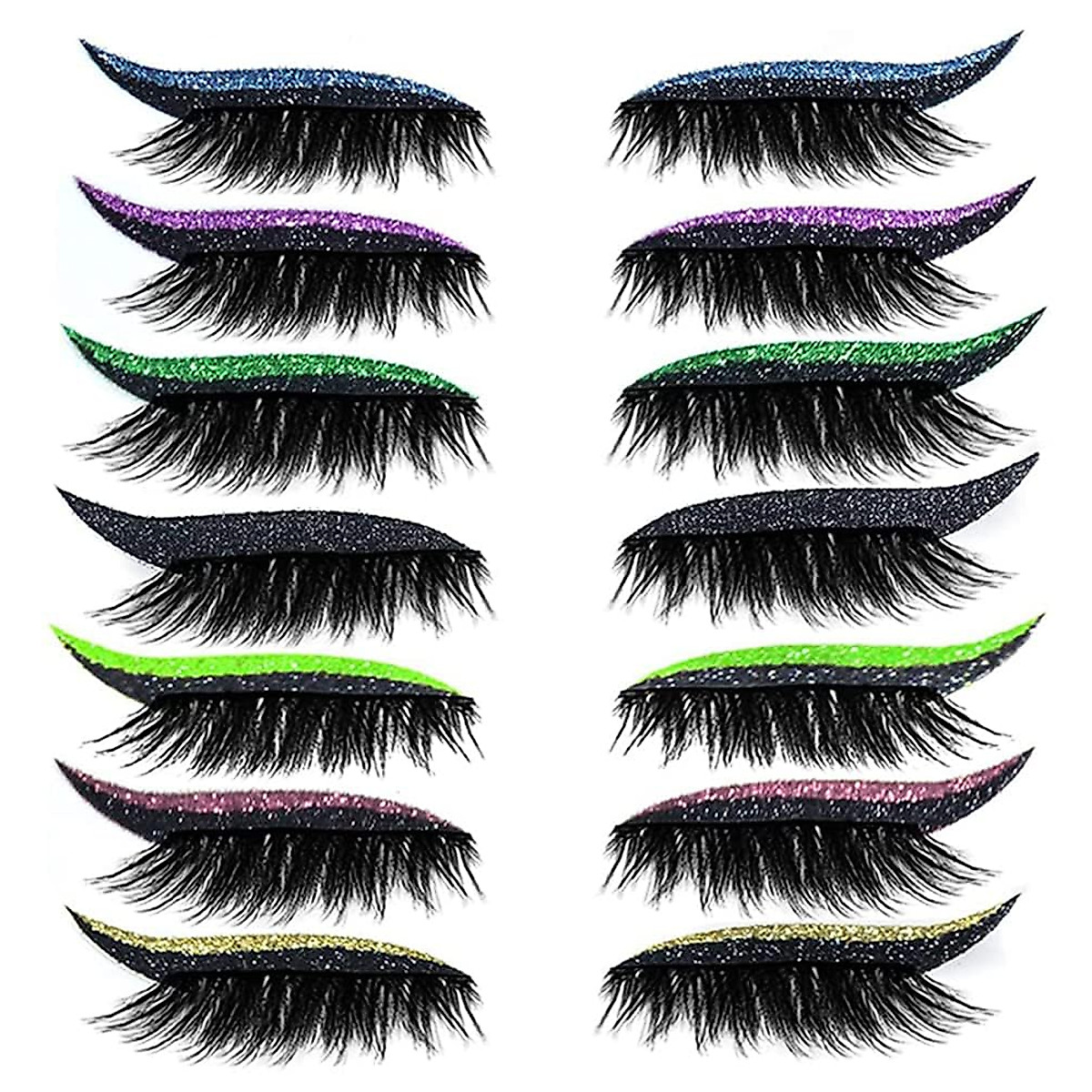 False Eyelashes,Reusable Eyeliner and Eyelash Stickers 7 Color Waterproof Sticker Eyelashes,Easy to Wear and Remove,Women Make Up Glitter Lashes (A Set of Seven Colors)