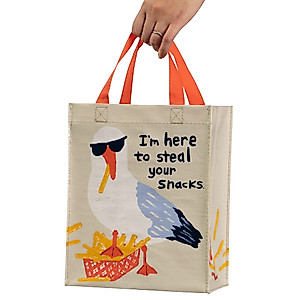 Blue Q Handy Tote - I'm Here to Steal Your Snacks. Reusable lunch bag, little tote, gift bag, sturdy and easy-to-wipe-clean, made from 95% recycled material, 10" h x 8.5" w x 4.5" d