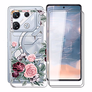 KJYFOANI for Infinix GT 10 Pro Case with 2 x Tempered Glass Screen Protector, Transparent Shockproof Solf Silicone Protection Case for Infinix GT 10 Pro, Case for Women Men, (6.67") - Rose Flower