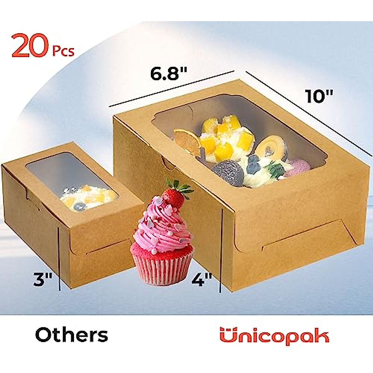 UnicoPak 20 Pack 10 x 6.8 x 4 Inch Tall Brown Cupcake Boxes with Handle Tray, Cupcake Boxes 6 Count, Extra Large Cupcake Boxes Bakery Boxes Muffin Boxes for Standard and High Creams Decorated Cupcakes Muffins Jumbo Cupcakes