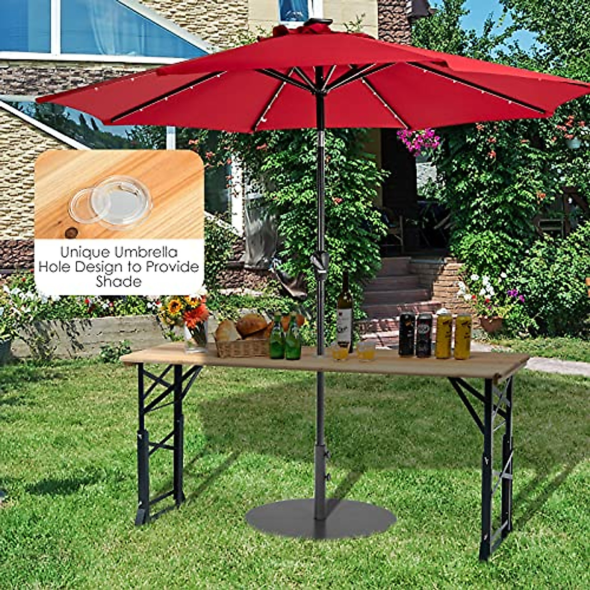 Giantex Folding Picnic Table, Wood Outdoor Table with Umbrella Hole, Adjustable Metal Legs, Patio Bistro Table for Garden Party Backyard, Rectangular Camping Table No Assembly