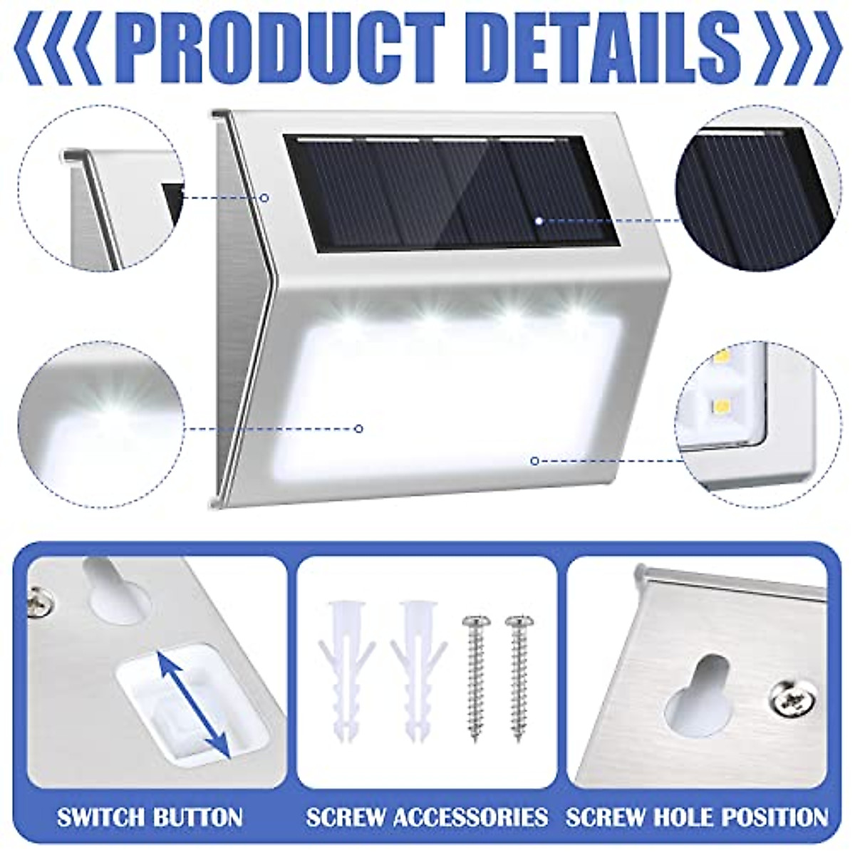 18 Pcs Solar Deck Lights Waterproof Outdoor Fence Lights 21 LED Solar Powered Step Lights Stainless Steel Stairs Lamps for Garden Pathway Backyard Patio Yard Stair Wall Railing Lighting (White)