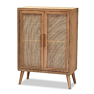 Baxton Studio Mid-Century Brown Oak Finished Wood and Rattan Storage Cabinet