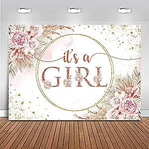 Mocsicka Boho Baby Shower Backdrop for Girl It's a Girl Pink Flowers Baby Shower Photography Background Boho Baby Shower Decorations Bohemian Baby Shower Banner (7x5ft(82x60 inch))