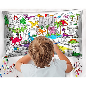 Coloring Pillowcase for Kids Dinosaur Craft Washable Markers for Kids 29x21in Color Your Own Pure Cotton Soft Dinosaur Pillow Covers Set Reusable Arts and Crafts for Kids