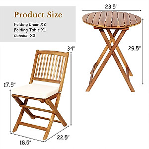 Tangkula 3 PCS Patio Folding Bistro Set, Outdoor Acacia Wood Chair and Table Set w/Padded Cushion& Round Coffee Table, Ideal for Indoor Patio Poolside Garden (Cream)