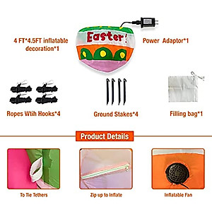 ECOOSTAR 4.5FT Long Easter Decorations Inflatables Bunny & Chicken with Eggs, Blow UpYard Build-in LED Lights, Decor for Outdoor Indoor, Yard, Garden, Lawn, White (RH-120-0600U4-1)