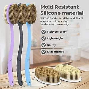 Avilana Shower Body Brush with Long Curved Handle, Long Silicone Handle Back Scrubber With Dual-Sided Long Handle Bath Shower Brush with Soft and Stiff Bristles (Long Handle-Dark Gray)