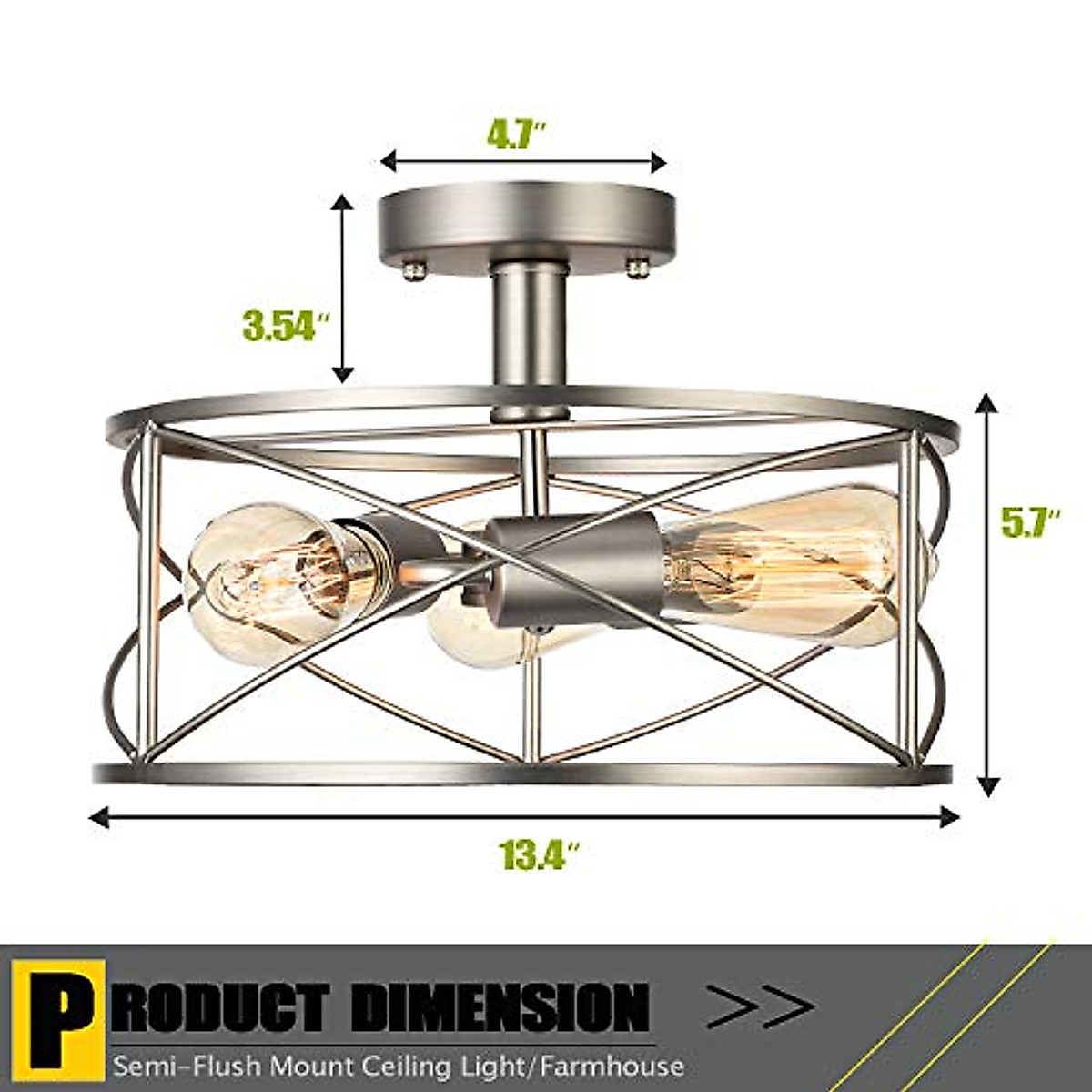 Capslpad Industrial Semi-Flush Mount Ceiling Light Vintage Close to Ceiling Lamp 3-Light Farmhouse Retro Metal Cage Ceiling Light Fixture for Bedroom Kitchen Foyer Hallway (Brushed Nickel)