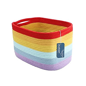 AUSSIY 1 Pack Rope Baskets for Storage Basket, Cotton Rope Woven Basket with Handles. Blanket Basket for Storing Clothes, Toys, Books, Shelves etc, 15''L x 10''W x 9.5''H, Rainbow Baskets