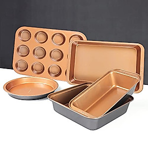 Wokic Nonstick Baking Pans Set - 5-Piece Baking Sheet with Round Cake Pan, Square Cake Pan, Loaf Pan, Muffin Pan, and Roasting Pan, Dishwasher Safe, Oven Safe, and Easy to Clean