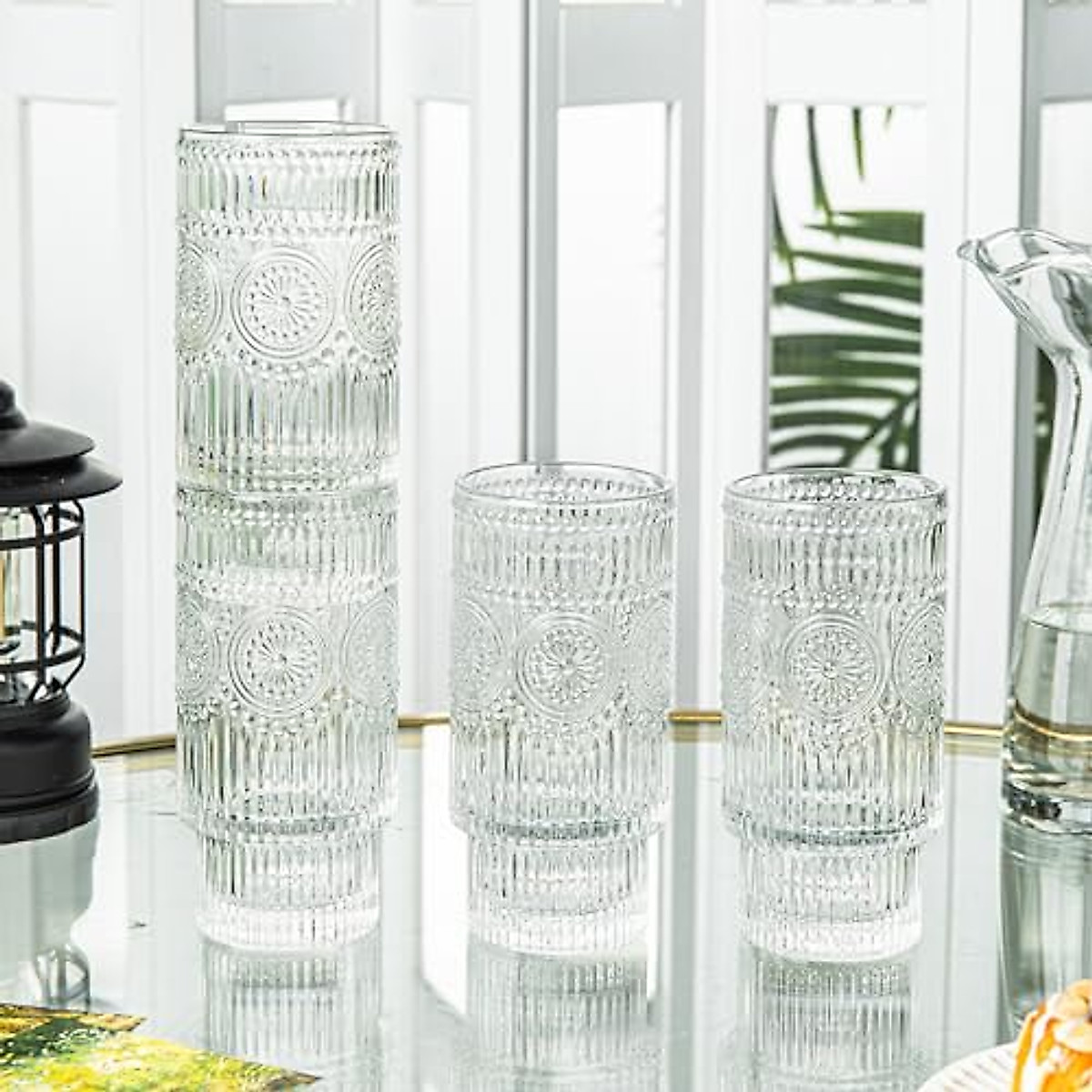 SoulTimes 4 Pack Large 16oz Ribbed Glassware Set, Flower Design Stackable Glass Cups, Vintage Textured Clear Striped Drinking Glasses Set, for Bar Beverages,Juice,Water,Cocktail,Iced Coffee