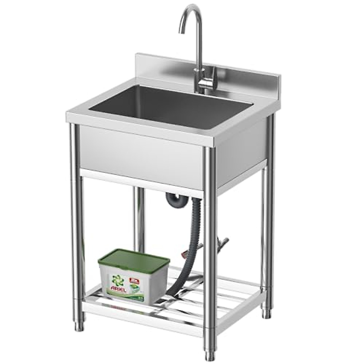 Stainless Steel Utility Sink, Free Standing Single Bowl Kitchen Sink with Cold and Hot Water Faucet, Commercial Sink for Restaurant Bar Cafe and Hotel, Indoor and Outdoor Sink, 21.7 in