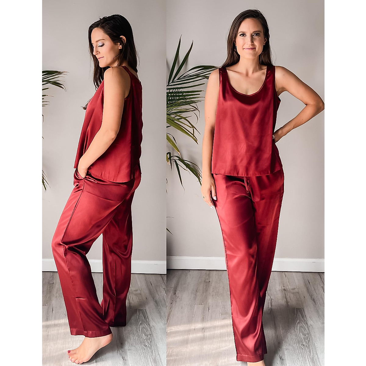 Ekouaer Womens Satin Pajamas Set Back Split Top and Long Pant Silk Pj Set Tank Sleepwear S-XXL Wine Red