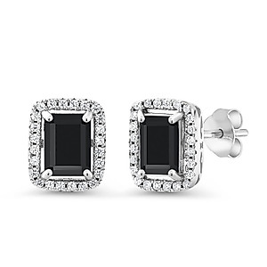 Gem Stone King 925 Sterling Silver Gemstone Birthstone Earrings | Emerald Cut 8X6MM | Halo Earring for Women