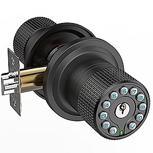 iulock Smart Door Knob with Keypad and Key,Keyless Entry Door Lock with Rubber Grip, Auto Lock,50 User Code,Waterproof, Easy to Install and Program for Bedroom Garage Office Gate (Matte Black)