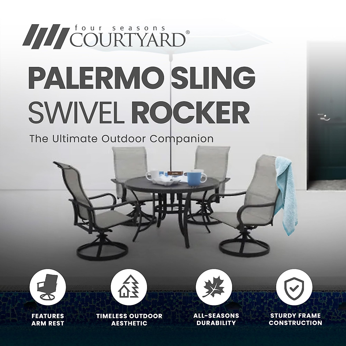 Four Seasons Courtyard Palermo Swivel Rocker Sling Fabric Outdoor Furniture Lounge Arm Chair with Supportive Aluminum Frame, 2 Pack, Gray