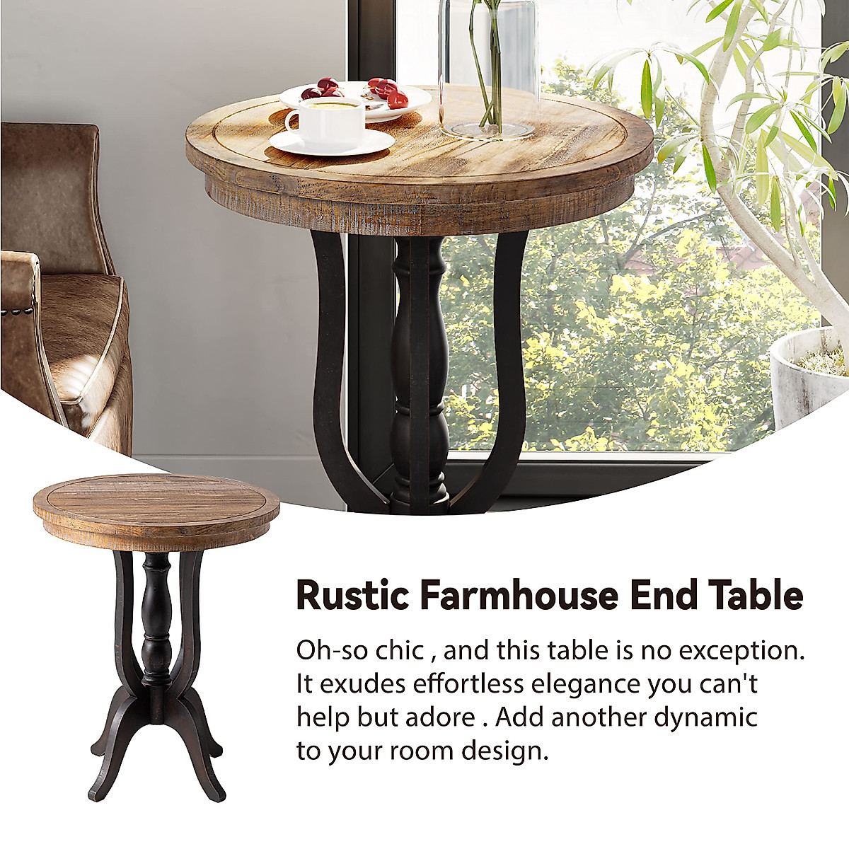 COZAYH Rustic Farmhouse End Table, Natural Top Side Table for Family, Dinning or Living Room, Handcrafted Finish, Modern, Black