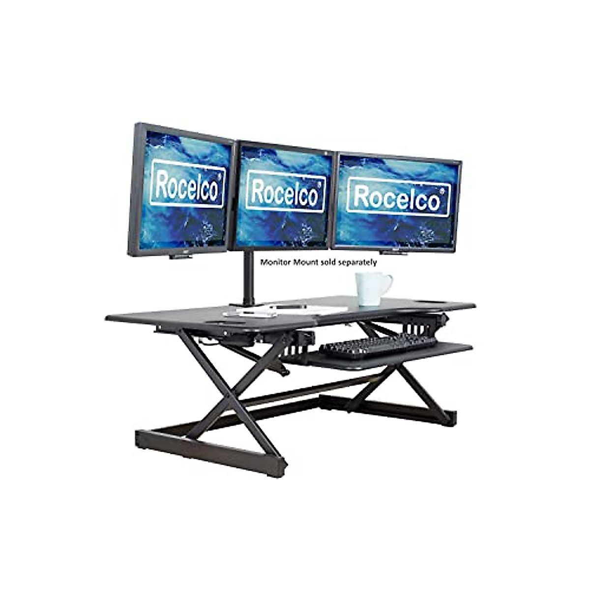 Rocelco 46" Large Height Adjustable Standing Desk Converter, Quick Sit Standup Triple Monitor Riser, Gas Spring Assist Computer Workstation, Retractable Keyboard Tray, (R DADRB-46), Black