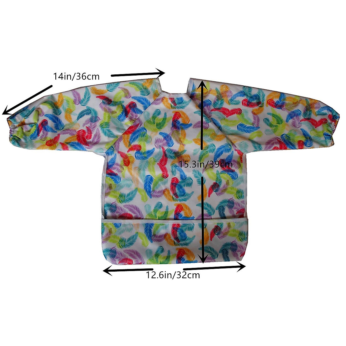 MUMBABY Baby Bib Sleeved Shirt with Pocket 1-3 Years Old Toddler Smock, Waterproof and Washable (White Feather