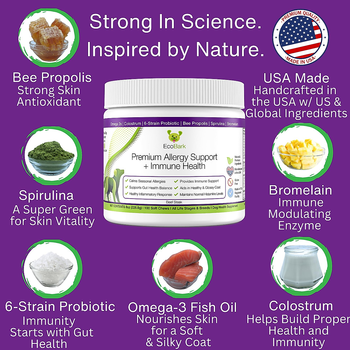 EcoBark Natural Dog Allergy & Immune Chews with Super Greens- Omega 3 Skin and Coat Supplements for Dogs - Gluten Free Probiotic Allergy Support & Relief for a Shiny Coat with Colostrum & Bee Propolis