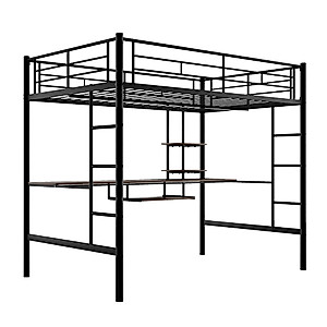 RUNWON Full Size Metal High Loft Bed with Under-Bed Long Desk and Storage Shelves for Kids Adults