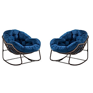 QQU Patio Rocking Chairs Set of 2，Indoor & Outdoor Wicker Rocker Chairs with Padded Cushion, All-Weather Rattan Chair with Steel Frame, Modern Lounge Egg Chair, Front Porch, Backyard,A-Navy