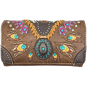 Zelris Turquoise Concho Peacock Feather Women Crossbody Wrist Trifold Wallet (Brown)