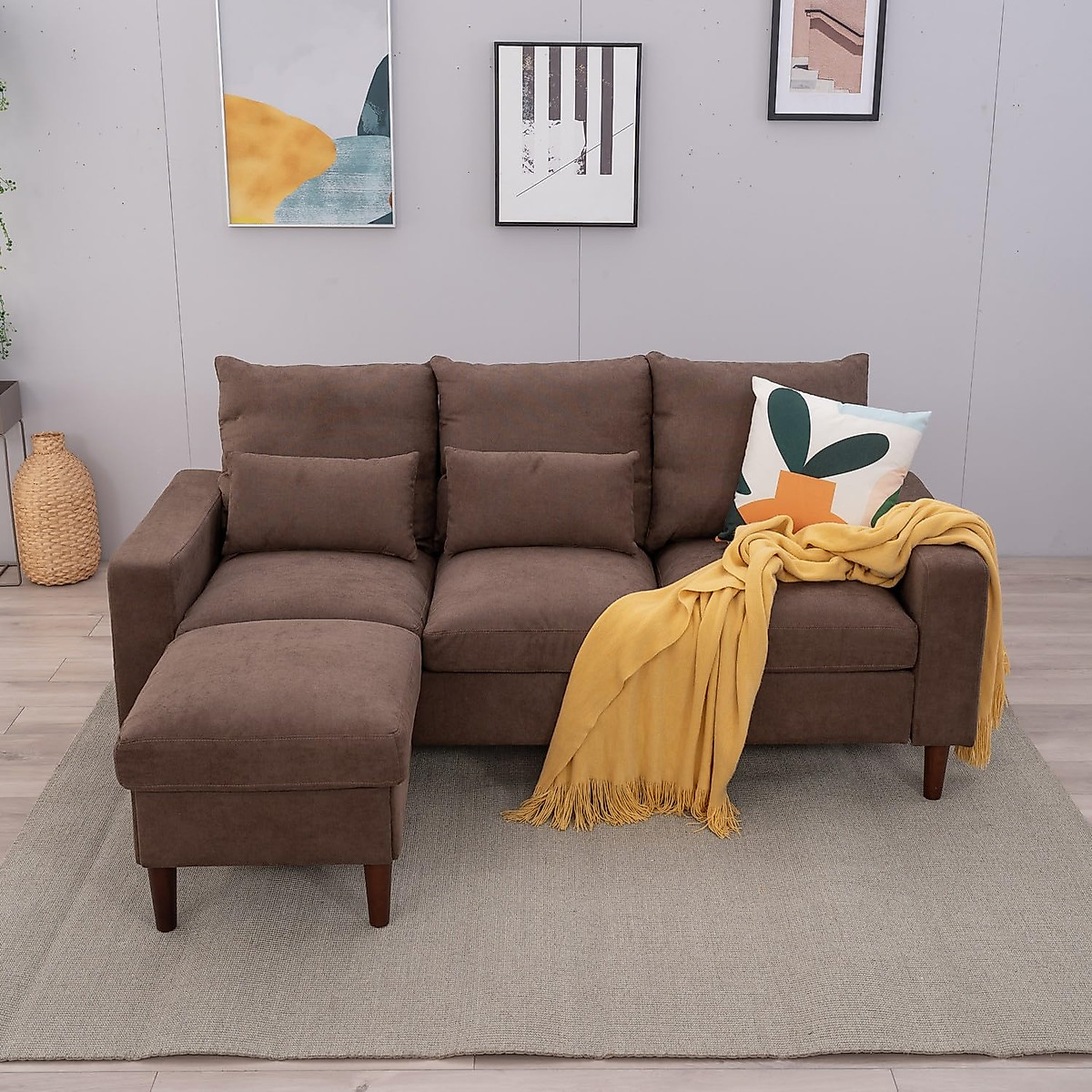 Panana Convertible Sectional Sofa Couch Modern L-Shaped Couch 3 Seat Fabric Sofa for Small Space (Brown)