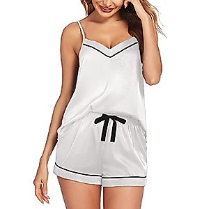 Ekouaer Pajamas for Women Silk Sleepwear Camisole Pjs Set Satin Nightwear with Pockets (White,S)