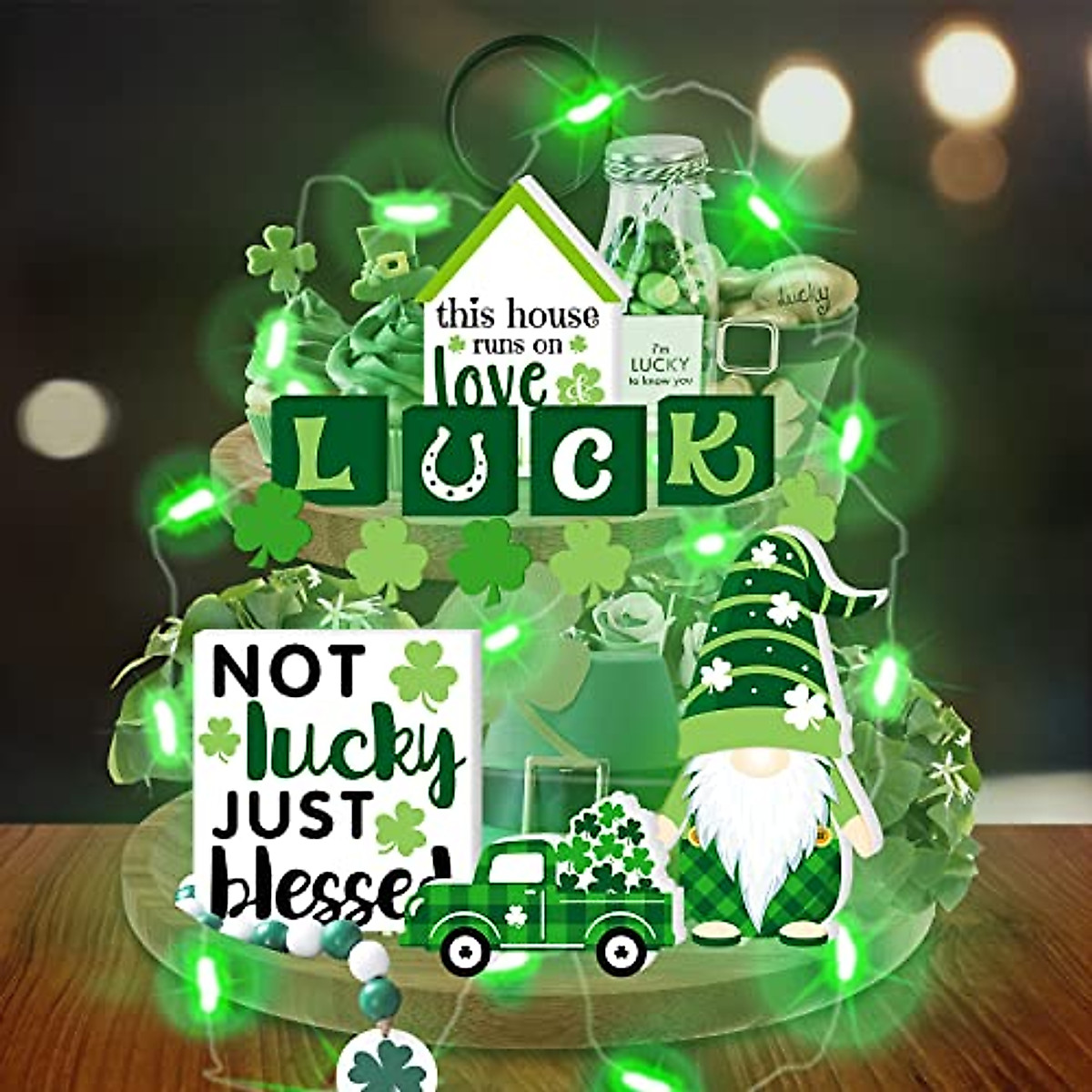 St Patricks Day Tiered Tray Decorations Set - St Patricks Day Shamrock Wooden Signs with Green String Lights for Spring Irish Saint Patricks Day Home Table Decorations
